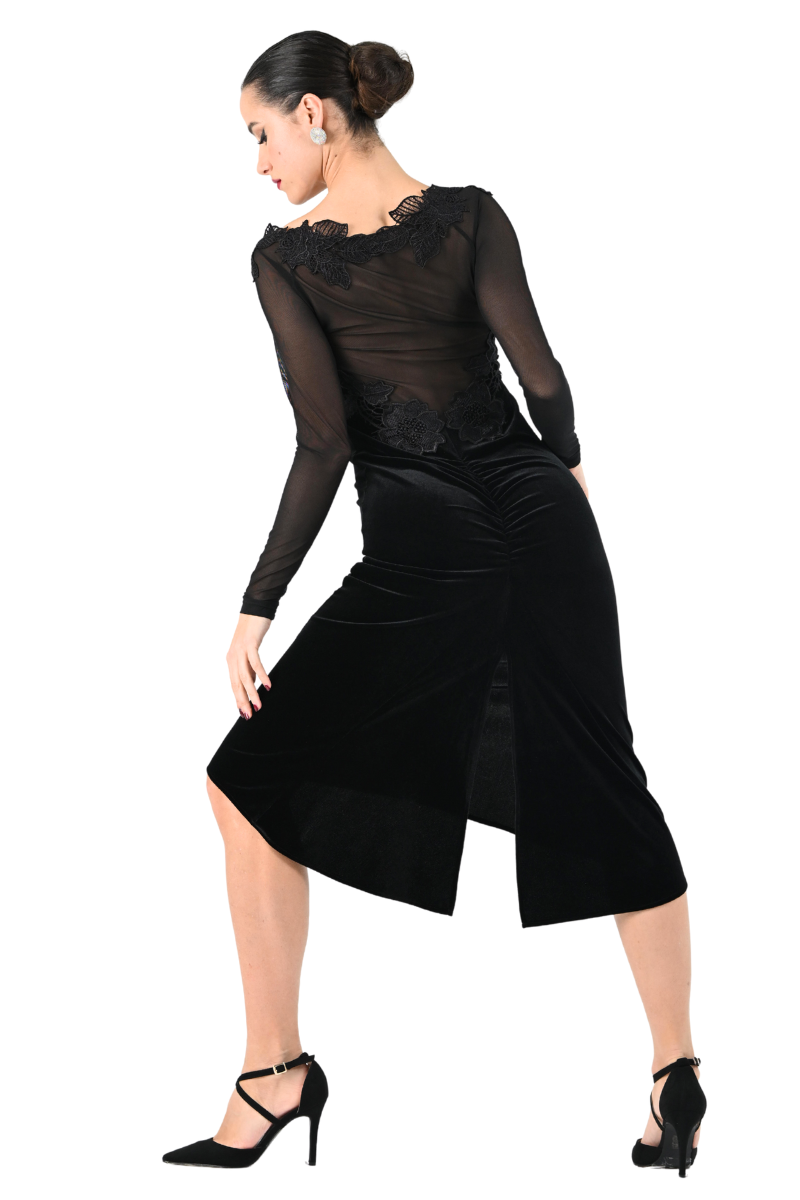 Velvet Tango Dress With Mesh & Lace Applique | Dance Dresses – conDiva